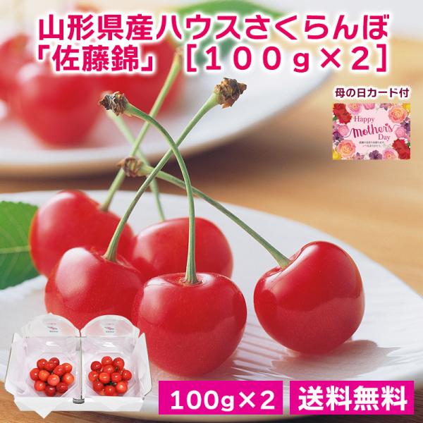 <商品説明>商品名:【母の日】山形県産　ハウスさくらんぼ「佐藤錦」［１００ｇ×２］商品の特徴:冬の間から準備をし、ハウスの中で手間を惜しまず丁寧に育てた佐藤錦をお届けします。甘みと酸味のバランスが良く、さくらんぼの中で一番人気の...