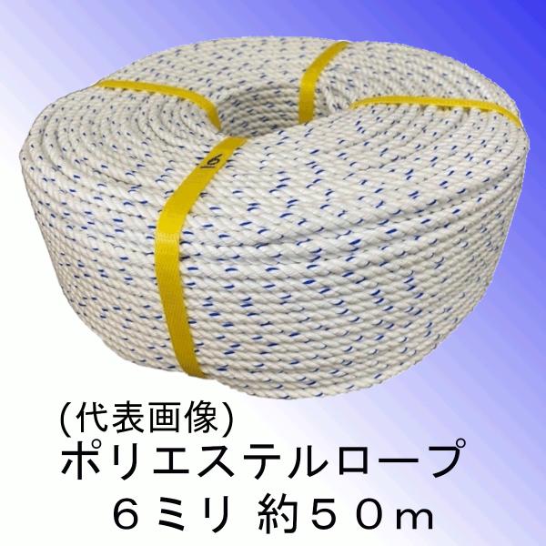 ポリエステルの３つ打ロープです。線径６ミリ、長さは約５０ｍ、重量は約１．１３Ｋｇです。水に沈みます。