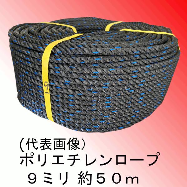 水に強く、比重が軽いので水に浮きます。（比重０．９５）安価でさまざまな場面で使われています。材質はポリエチレンです。線径９ミリ、長さは約５０ｍ、重量は約２Ｋｇです。
