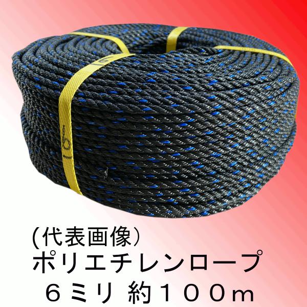 水に強く、比重が軽いので水に浮きます。（比重０．９５）安価でさまざまな場面で使われています。材質はポリエチレンです。線径６ミリ、長さは約１００ｍ、重量は約１．８Ｋｇです。