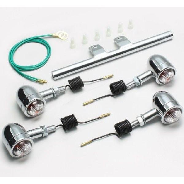 【適合車種】ジョーカー90（JOKER）　【備考】※シングル球のみ。　【商品説明】ステムマウント ミニブレットウインカーキット Φ37mm クリアレンズ ●クリア＝クリアレンズにオレンジ球組込み。 ●アルミ製クロームメッキ ●レンズの止めビ...