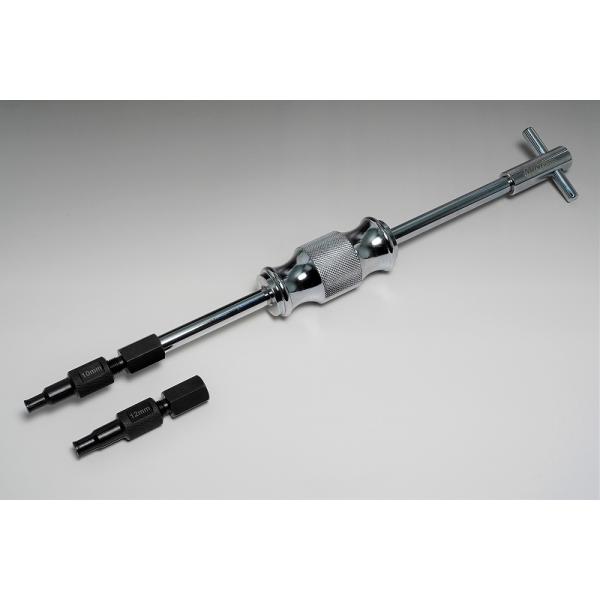 【適合】汎用　【商品説明】バイクの狭いスペースのベアリング取り外しに適したスライド方式のプーラーです。● ミニバイクのホイールハブベアリング、スイングアームピポットベアリングのM10、M12に対応するプーラーです。● セット内容● 10mm...