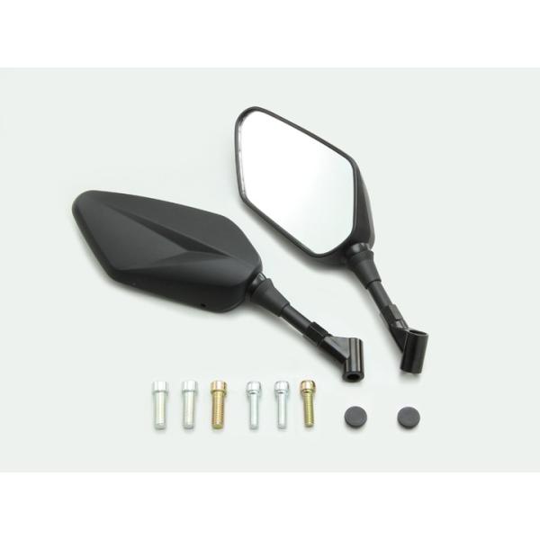 【適合】汎用（取付ネジ M10正×2/逆×1、M8正×2/逆×1）　【商品説明】Ｖ字の凸凹がアクセント ●軽量樹脂ボディ、ステー部スチール製 凸面鏡 外寸89×168mm ●左右1SET ●取付ネジ M10正×2/逆×1、M8正×2/逆×1...