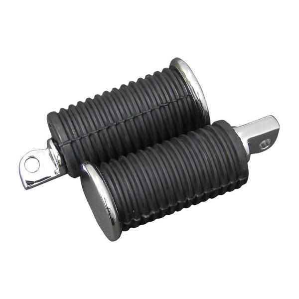 【適合】汎用　【商品説明】色：スチール部分：クローム ●サイズ：全長：約125mm（マウント部含む） ●直径：約45mm ●適合車種：棒状のフットペグを採用しているほとんどのハーレー ●素材：スチール＆ゴム ●内容物：フットペグ×2本セット...