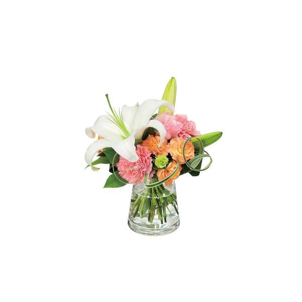 ◆通年商品◆花キューピット　花束　グラスブーケ（花瓶付）オールラウンド◆サイズ／H27・W20・D20◆誕生日・お祝い・お見舞・送別・母の日・父の日・敬老の日・バレンタイン・ホワイトデー・クリスマスetc