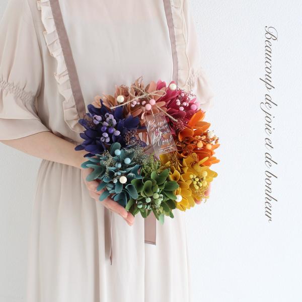 ナチュラル素材をふんだんに使用したリース。お祝いのギフトからご自宅用に様々な場面でお選びいただいております。リース上部に紐がついておりますので、壁掛け時は画びょうやフックなどに吊るして飾っていただけます。◆リースサイズ直径 約 24cm◆お...