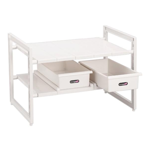 【商品概要】サイズ（約）：幅460〜735×奥行395×高さ450mm本体重量（約）：1.9kg材質：サイドフレーム・中間リング・フック/ポリスチレン(耐熱温度70度)、棚板・トレー/ポリプロピレン(耐熱温度100度)、伸縮パイプ/鉄(AB...