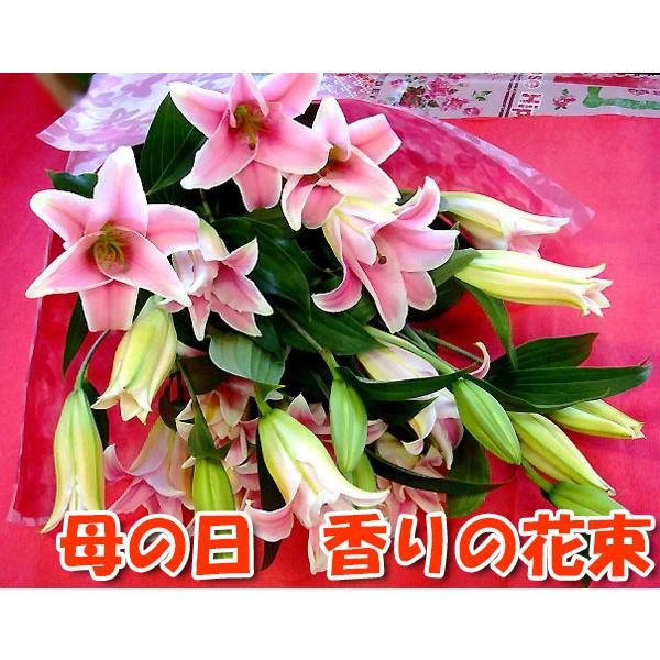 花の大きさが15cm前後、1本あたり5輪前後花が付く、それが一束に5本も入った、ボリュームたっぷりの大きな花束です。ラッピングと「Happy Mother's day」のカードが付きます。【ご注意】※流通しているユリの中からバイヤー厳選品種...