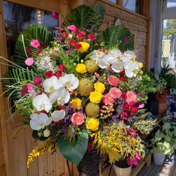 【発売日：2021年04月11日】季節の花を使ったポップな色合いのフラワースタンドです。開店開業のお祝いにおすすめ！花材季節の花・グリーンサイズ奥行：約50cm　高さ：約180cm　幅：約100cm※写真はイメージです。仕入れ状況により花材...