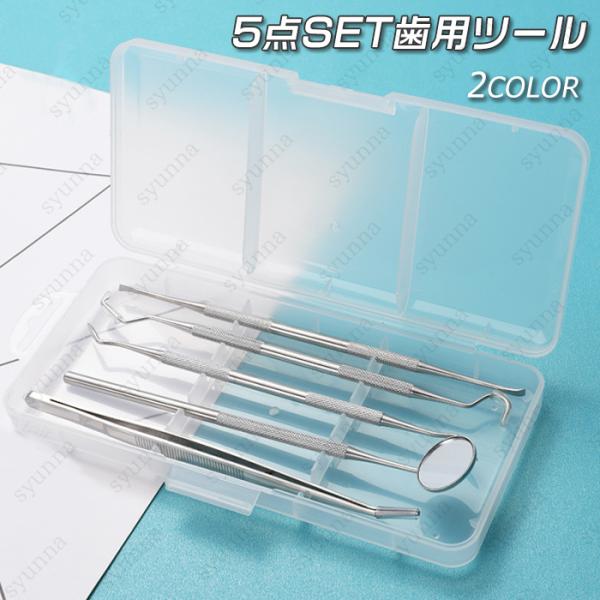 5本セット 自宅でデンタルケア！5本セット。歯用ミラー・鎌形ツール(1)(2)・鍬型ツール・ピンセット。注先端が鋭いので、ご使用中に傷つかないようにお気を付けください。【商品仕様】スケーラー、ピンセット、ミラー ステンレス製収納ケース プラ...