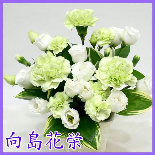 ご用途：供花（お供え・命日・法事・法要・お盆・お彼岸・ペットのお供え）形態：お供え花アレンジメント商品サイズ：奥行：約23cm×幅：約25cm×高さ：約25cm  花材：メイン　カーネーション・トルコキキョウ　その他資材・ラッピング：バスケ...