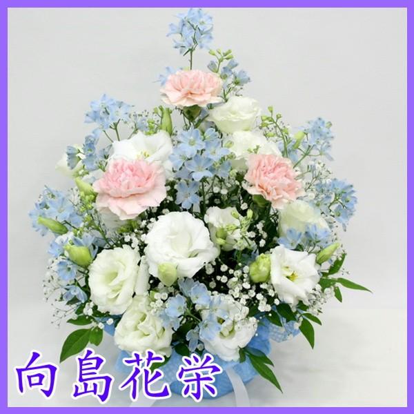 ご用途：供花（お供え・命日・法事・法要・お盆・お彼岸・お悔やみ・ペットのお供え）形態：フラワーアレンジメント商品サイズ： 奥行：約28cm×幅：約30cm×高さ：約30cm花材：メイン カーネーション・デルフィニューム・トルコキキョウ・かす...