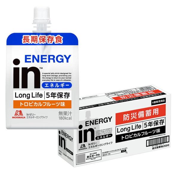 サイズ：6個 (x 1)特徴：【災害備蓄用のinゼリー】5年保存の災害備蓄用のinゼリーが登場。もしもの備えに。ローリングストックの買い足しに。フレーバー：トロピカルフルーツ味カロリー：1袋当たり 180kcal ※おにぎりおよそ1個分糖質...