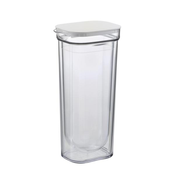 カラー：ホワイトサイズ：1 L結露しにくく、水滴が下に垂れない二重構造の冷水筒結露した水滴がテーブルに垂れにくい。二重構造なのでぬるくなりにくい。※5度の冷水を26度の室温下に60分放置し15度以下であることを指します底が丸くフタもパッキン...