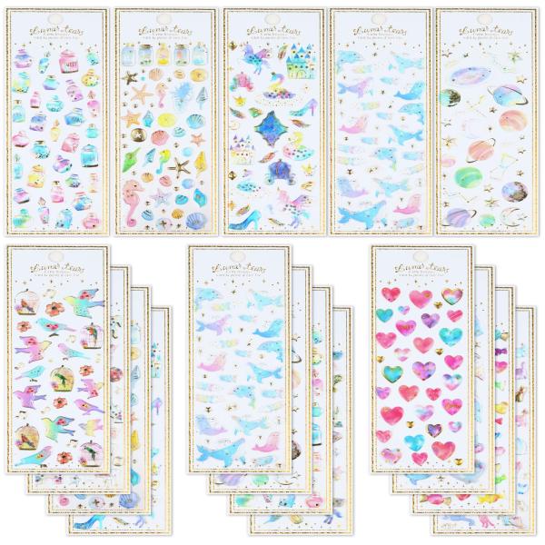 サイズ：海の生き物〜12シートスタイル：ボヘミアン【キラキラぷくぷくシール】：半透明で美しい色合いのぷっくりと立体感のある可愛いシール。1シートに約20から30数枚のシールがございますシートが12枚のセットとなりますので、枚数に気兼ねするこ...
