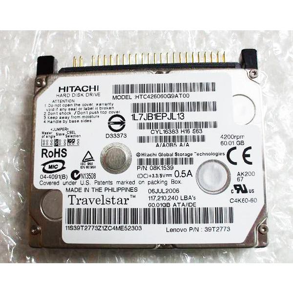 新品日立製1.8”HDD60GB（Model:HTC426060G9AT00）:バルク新品、TravelstarC4K60、回転数：4200rpm、容量：60GB、インターフェース：ATA-6。詳しい仕様は下記のhpにてご確認ください、（/...