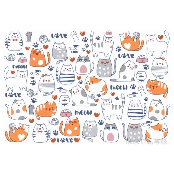 サイズ：約30.5×20.5cm（印刷面の大きさ）ネコの絵柄1つ分の大きさ：約Φ3.9〜5.8cm品名：陶磁器用上絵付転写紙（白磁用転写紙）種別：パーツアソート焼成温度：780〜820°C（ご参考値） ※焼成見本写真のタイルの大きさは、約1...