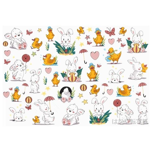 サイズ：約30.5×21cm（印刷面の大きさ）うさぎの絵柄1つ分の大きさ：縦 約3.7〜6.2cm品名：陶磁器用上絵付転写紙（白磁用転写紙）種別：パーツアソート焼成温度：780〜820°C（ご参考値） ※焼成見本写真のタイルの大きさは、約1...