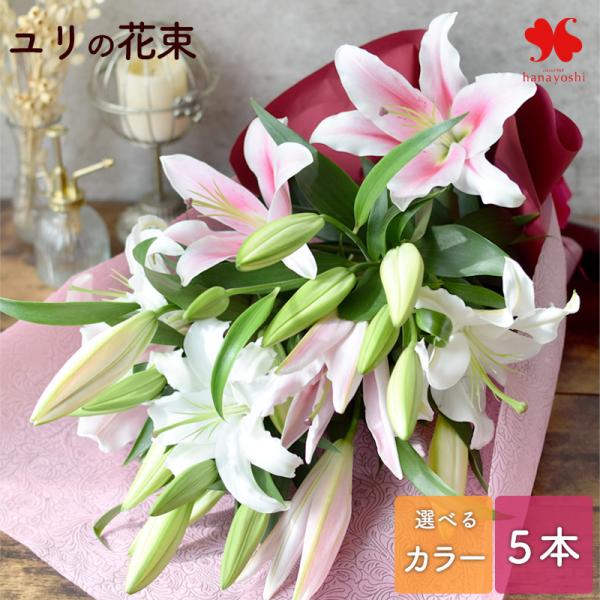 大輪のユリの花束は、どの世代の方にも喜ばれる豪華な贈り物に。ラッピングがお供えとお祝いの二種類からお選びいただけます。【内容】●ユリの花束（ホワイト系/ ピンク系/ ミックス のいずれか）ユリ5本（３輪以上〜）＊植物につき花付・開花状況・花...