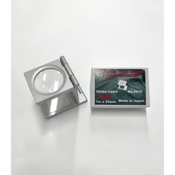 ・商品番号：2618・配送方法：メール便・宅配便・縞見ルーペ　インチメガネ1インチ×25mm　ガラス製6倍/30mmΦ本体サイズ下部40ｍｍ×高さ50ｍｍ×上部40ｍｍ(サイズはメモリが印字してある正方形部分側)生地の修正や縫い糸の修正など...
