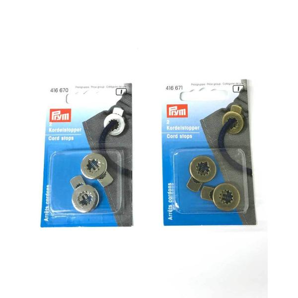 ・商品番号：416 670-416 671・配送方法：メール便・宅配便・《Prym》プリム・コードストッパー２個入り　メタルシルバー・メタルアンティーク・全長約2.5cm、横1.8cm、穴径 約6mmワンタッチでお好きな位置へ変更可能なコー...