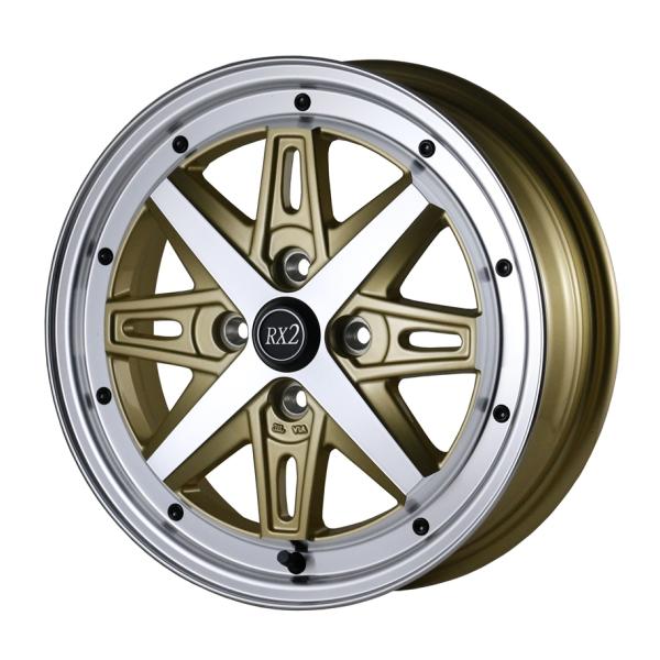 メーカー名：ドゥオール商品名：アルジェノン フェニーチェ RX2サイズ：14インチ 4.5J +43 4-100カラ―：ゴールドポリッシュ付属品：エアバルブ、センターキャップ1本より全国一律送料無料。沖縄離島はお問い合わせください。※ナット...