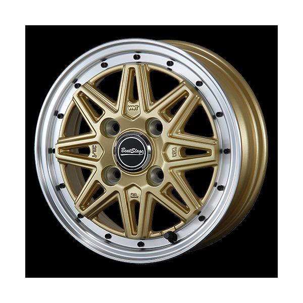 メーカー名：ブレスト商品名：ビートステージ ES-Cサイズ：12インチ 4.00B +43 4-100カラ―：セミグロスゴールド付属品：センターキャップ、エアーバルブ離島、沖縄を除き、4本で送料無料　1本から3本は￥2,200（税込）※ナッ...