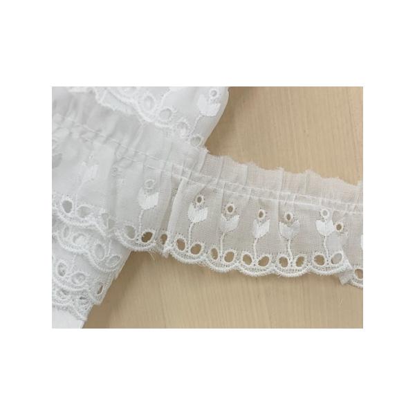 チューリップ柄が可愛いフリルレースです 【サイズ】 全体：40mm巾 下から柄上部：24ｍｍ巾【色】 ホワイト 【素材】 綿 100% ※ご注意 お客様の画面上と実物では多少色具合が異なって見える場合もございます。＊表示単価は１ｍ単位です。...