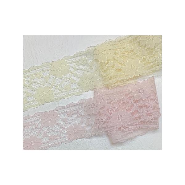 両山ラッセルレース レースに表裏はございますが両山のため端の処理がいらず厚さが薄いレースですので、そのままリボン結びをしてヘアアクセサリーやラッピングなどにもお使いいただきやすいレースです！   サイズ  約51mm巾※ロットにより1mmほ...