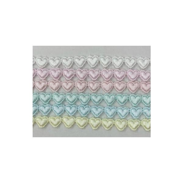 ハートが可愛いケミカルレースです！パステルカラー5色とオフホワイトの合計6色をご用意いたしました※レーヨン糸を使用し光沢があるため光の当たり方によりましては実際にお手元へ届いた時に色が薄く感じる場合もあるかと思います ＊サイズ＊ 9mm巾【...