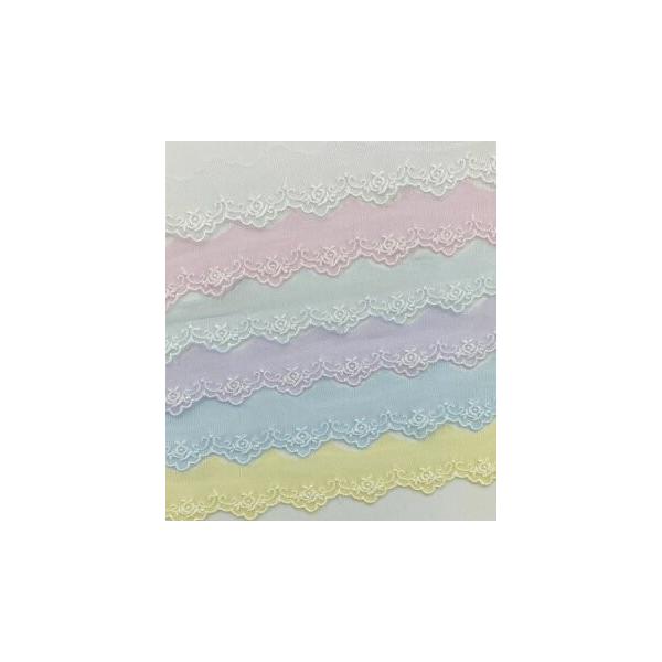 お花の刺繍とふんわり優しい色が可愛いチュールレースです！ ＊サイズ＊ 35mm巾 ＊色＊ オフホワイト / ミルキーピンク(311)ミルキーブルー(321) / ラベンダー(331)スカイブルー(341) / イエロー(351) ＊素材＊ ...