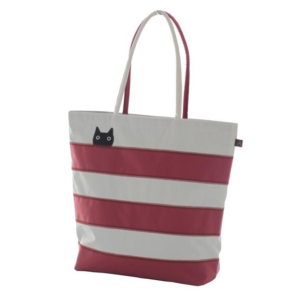 約35×29×11cm(持ち手の長さ：約21cm)表・裏ナイロン100％日本製ホック式開閉内側にオープンポケットありひょっこり黒猫がトレードマーク、超ロングセラーの「ボーダー猫」シリーズ！カジュアルな中にも高級感があるのは、色違いの生地を丁...