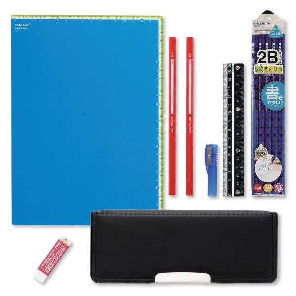 ヨコピタ 文具6点セット ブラック■学校えんぴつ2B（六角軸）　10本入・上質芯を使用していて書きやすい！・デザインイラスト入の鉛筆・もちやすい三角プニュグリップ付(両利き)■学校消しゴム・まとまるタイプ・軽い力で消せる＊色の指定はできませ...