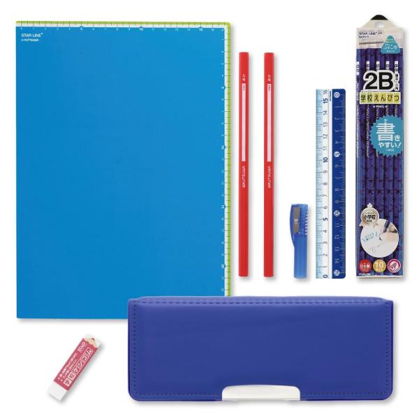 ヨコピタ 文具6点セット ブルー■学校えんぴつ2B（六角軸）　10本入・上質芯を使用していて書きやすい！・デザインイラスト入の鉛筆・もちやすい三角プニュグリップ付(両利き)■学校消しゴム・まとまるタイプ・軽い力で消せる＊色の指定はできません...