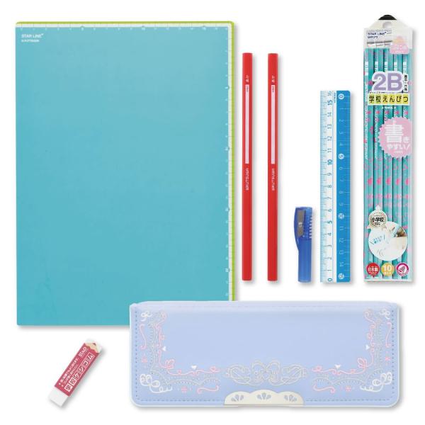 ヨコピタリカーモ 文具6点セット ライトブルー■学校えんぴつ2B（六角軸）　10本入・上質芯を使用していて書きやすい！・デザインイラスト入の鉛筆・もちやすい三角プニュグリップ付(両利き)■学校消しゴム・まとまるタイプ・軽い力で消せる＊色の指...