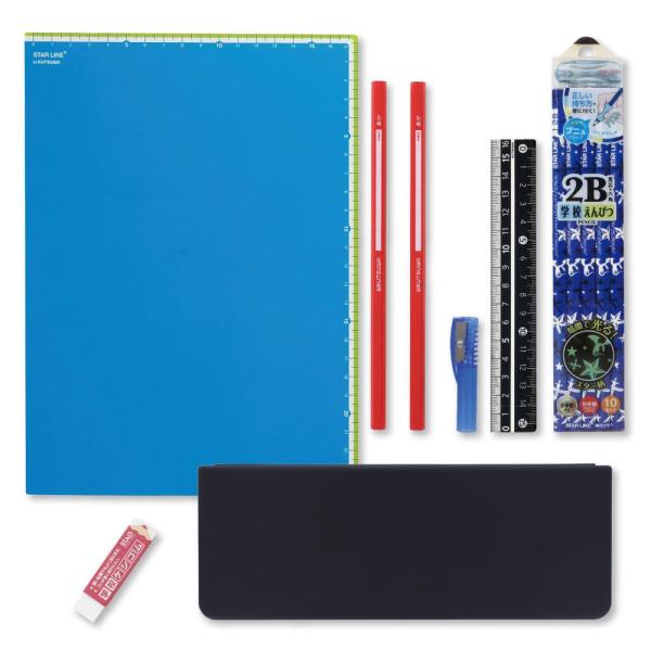 ヨコピタネクスト 文具6点セット ブラック■光る！学校えんぴつ2B（六角軸）　10本入・暗闇で光る蓄光デザイン・派手過ぎず学校に持っていきやすい・もちやすい三角プニュグリップ付(両利き)■学校消しゴム・まとまるタイプ・軽い力で消せる＊色の指...