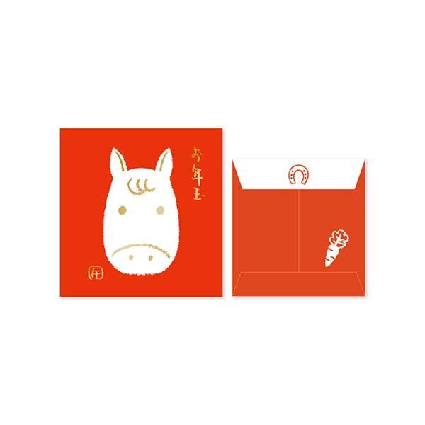 柄：赤うま本体サイズ（約）：縦86×横83mm（ふた閉じ状態）付属品：ポチ袋同柄3枚入り、封かんシール3枚