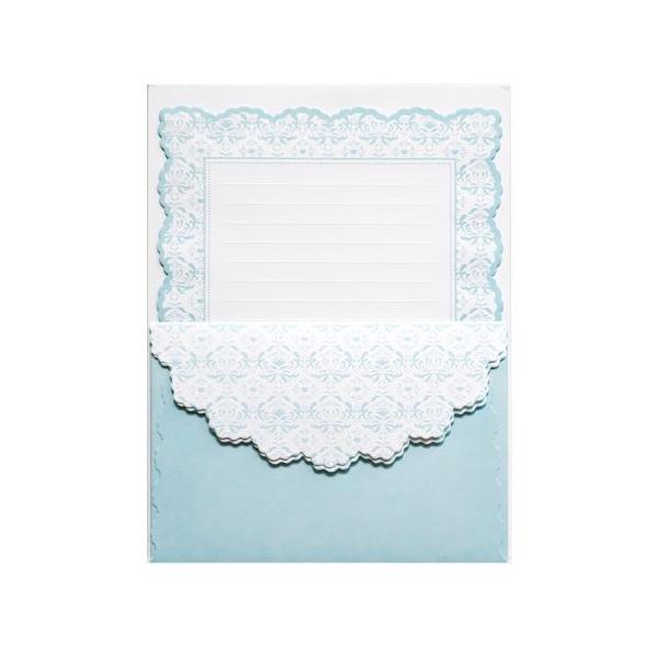 カラー：ブルー本体サイズ（約）：［便箋］縦200×横150mm　［封筒］縦103×横154mmパッケージサイズ（約）：幅163×高213mmセット内容：便箋×6枚、封筒×3枚