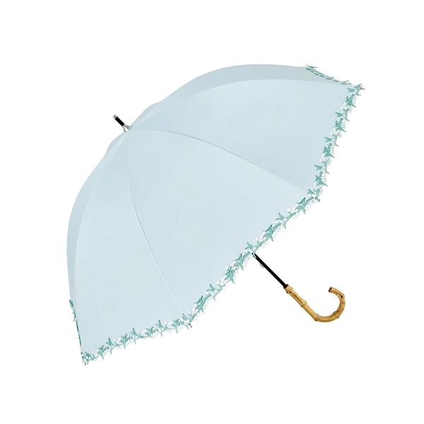 カラー：サックス本体サイズ（約）：［全長］68cm　［親骨］長50cm　［直径］82cm親骨の数：8本重量（約）：340g素材：［生地］ポリエステル100％　［ハンドル］バンブー