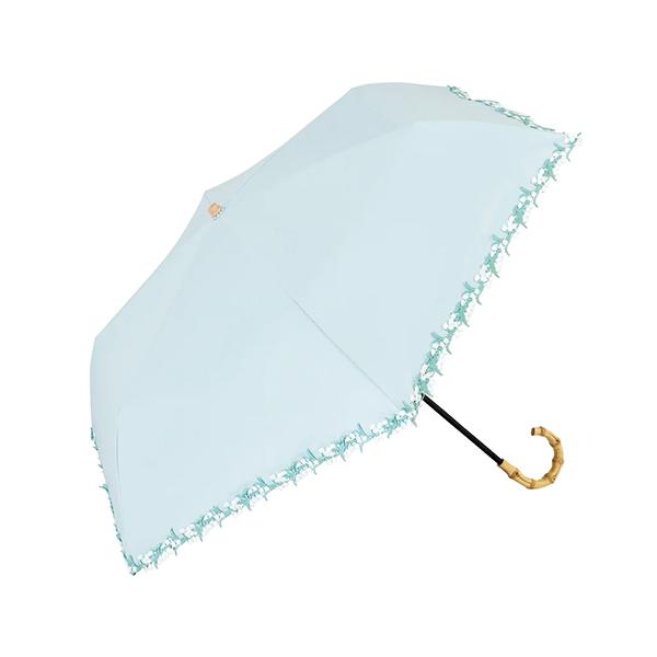 カラー：サックス本体サイズ（約）：［全長］59cm　［全長／折りたたみ時］30cm　：［親骨］長50cm　［直径］88cm　［バッグ］幅12.5×高25cm親骨の数：6本重量（約）：260g素材：［生地］ポリエステル100％　［ハンドル］バンブー