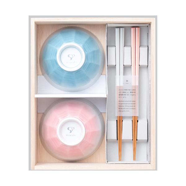 カラー：ブルー／ピンク本体サイズ（約）：［茶碗］径11.2×高6.8cm　［箸］長23cm素材：［茶碗］磁器　［箸］天然木電子レンジ対応：［茶碗］可　［箸］不可食洗器対応：［茶碗］可　［箸］不可入数：茶碗×2個（2色×各1個）　箸×2膳