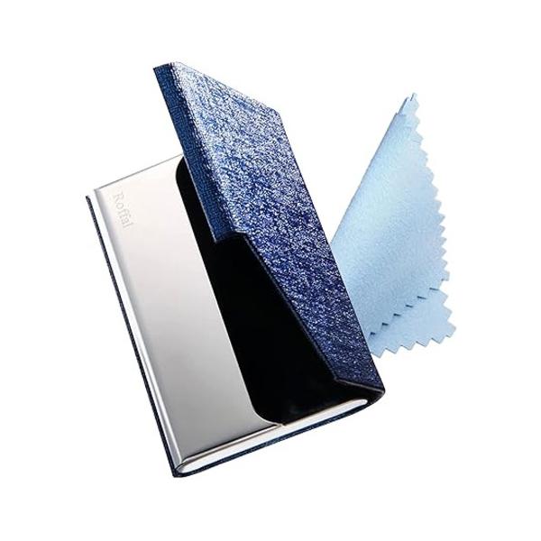 カラー：サファイアブルー（デザインはお選びいただけません）本体サイズ（約）：縦6.5×横9.5×厚1.3cm重量（約）：100g素材：合成皮革、ステンレス収納可能枚数（約）：25枚前後付属品：仕切りカード、専用クロス