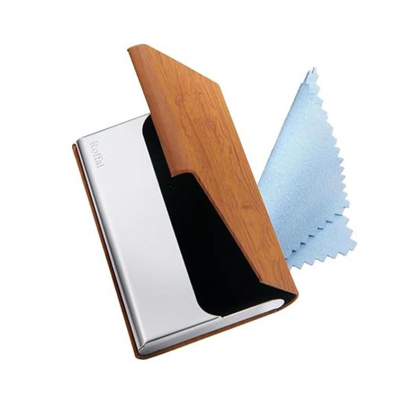 本体サイズ（約）：縦6.5×横9.5×厚1.3cm重量（約）：100g素材：木目調フェイクレザー、ステンレス収納可能枚数（約）：25枚前後付属品：仕切りカード、専用クロス