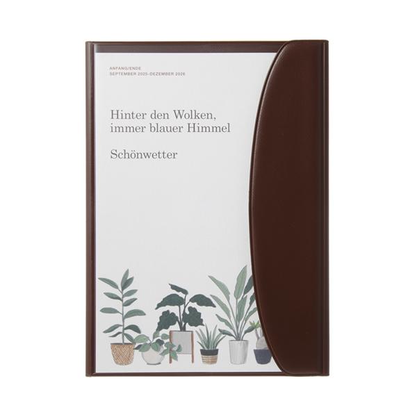 カラー：ブラウン本体サイズ（約）：縦216×横156×厚9mmページ数：64ページ中面仕様：［月間］ブロック六曜表記：あり表紙素材：PVC(塩ビ)＋ポケット対応期間：［月間］2025年9月〜2026年12月