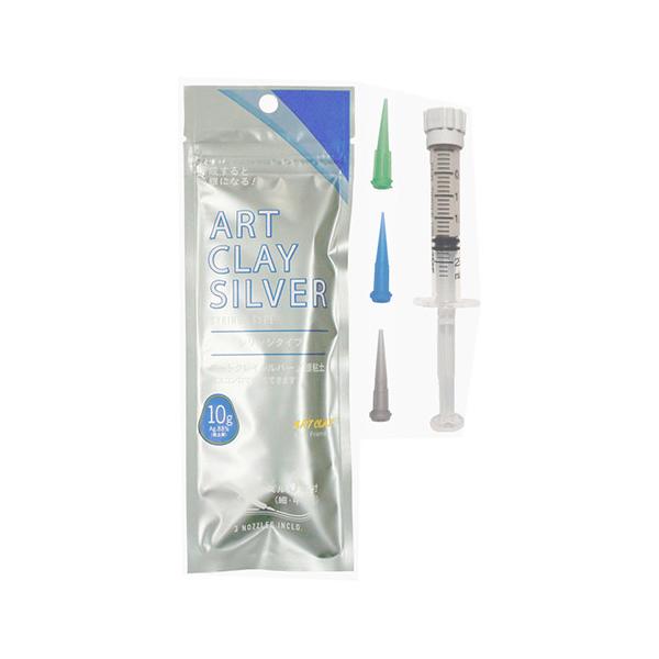 内容量（約）：シリンジタイプ10g素材：アートクレイシルバー（純銀の微粒末・水・バインダー）付属品：ブルー、グリーン、グレーノズル（細口・中口・太口）各1本付原産国：日本