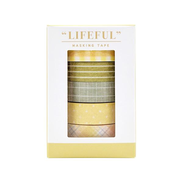 柄：yellow　life本体サイズ（約）：［2柄］幅15mm×長5m　［3柄］幅10mm×長5mパッケージサイズ（約）：縦65×横43×厚43mm重量（約）：34g素材：マスキングテープ入数：5巻セット