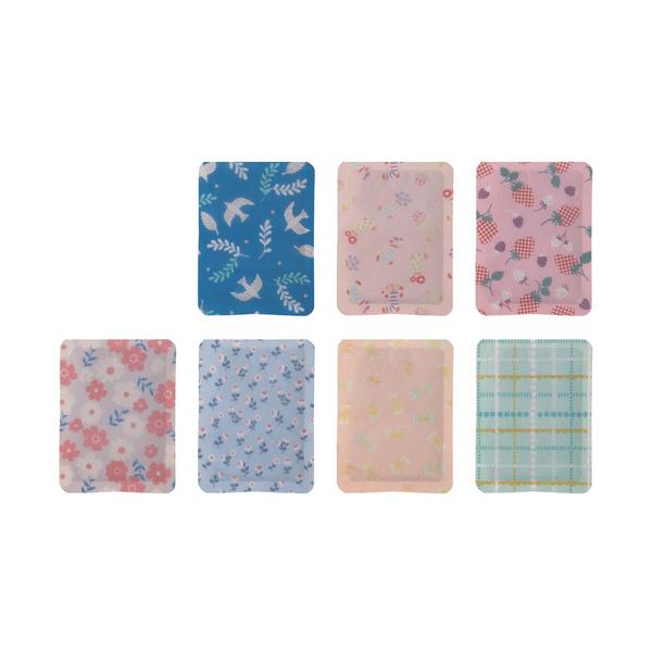 本体サイズ（約）：縦10×横13.5cm素材：鉄粉、水、バーミキュライト、活性炭、塩類、吸水性樹脂最高温度（約）：72度平均温度（約）：52.9度入数：7枚（7柄×各1枚）