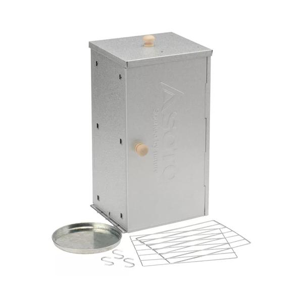 サイズ（約）：［組み立て］幅22.2×奥19.4×高41.5cm、［収納時］幅23×奥4×高44cm重量（約）：2kg素材：［フタ・チップ皿］鉄（メッキ）、網・フック・鉄（亜鉛メッキ）、［つまみ］天然木セット内容：本体、フタ、燻製網×2、チ...