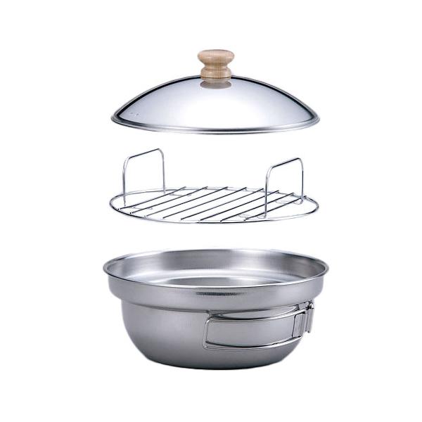 サイズ（約）：幅21×奥21×高16cm重量（約）：520g素材：[鍋／フタ／ハンドル]ステンレス　[燻煙網]鉄（クロームメッキ）　[ツマミ]天然木セット内容：本体、フタ、ハンドル、アミ原産国：日本