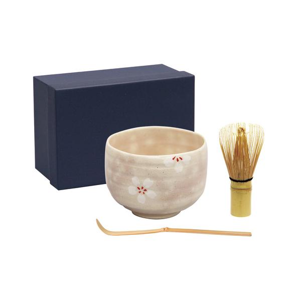 本体サイズ（約）：径9.5×高7.5cmパッケージサイズ（約）：幅12x奥18x高8.5cm容量（約）：380mL素材：陶器セット内容：抹茶碗×1、茶筅×1、茶杓×1